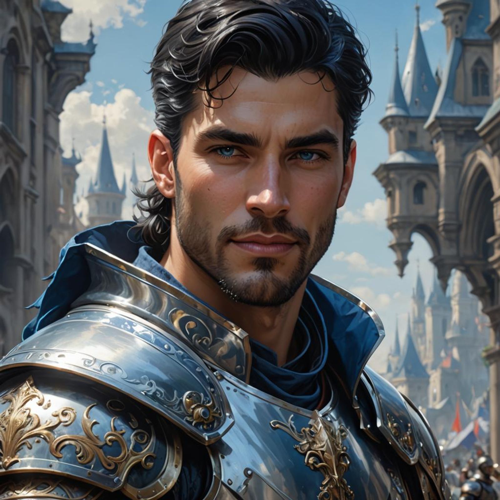High Fantasy epic attractive male charming knight, silver and blue ...