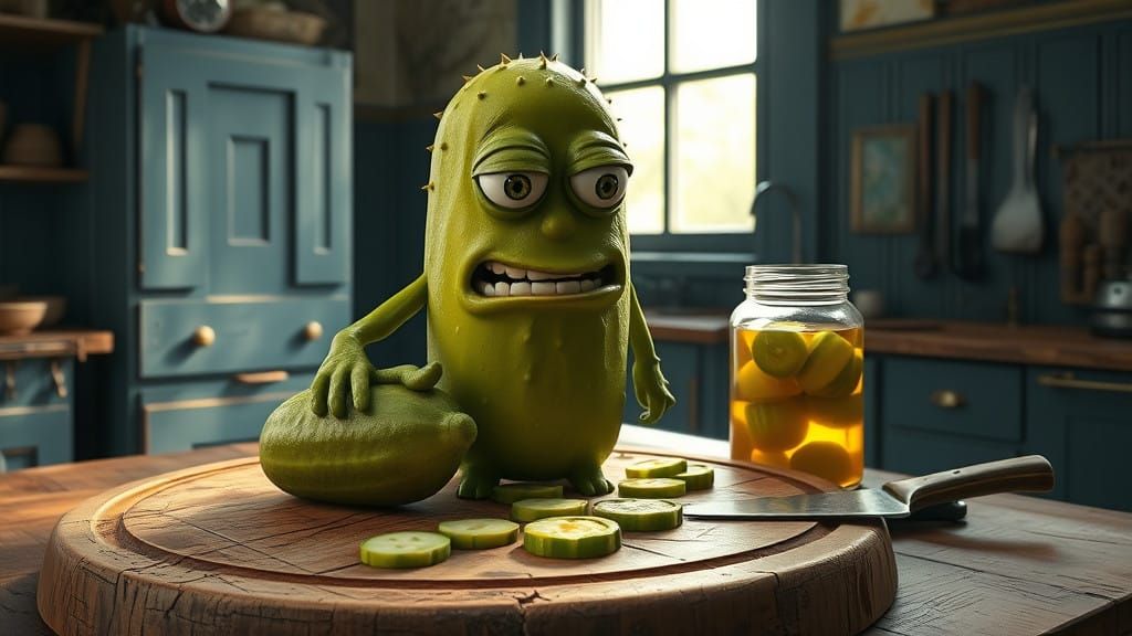 A surreal, hyper-realistic green pickle
