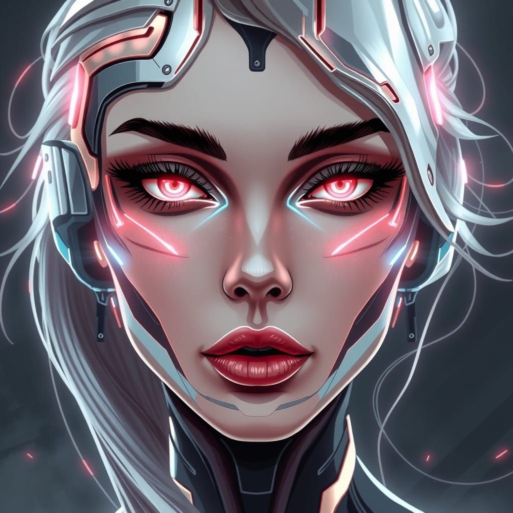 stylized illustration of a female cyborg face in neo-cyberpunk ...