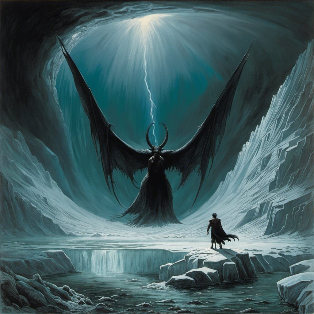 Male figure, Satan (Gigantic, humanoid winged demon) waist-deep in ...