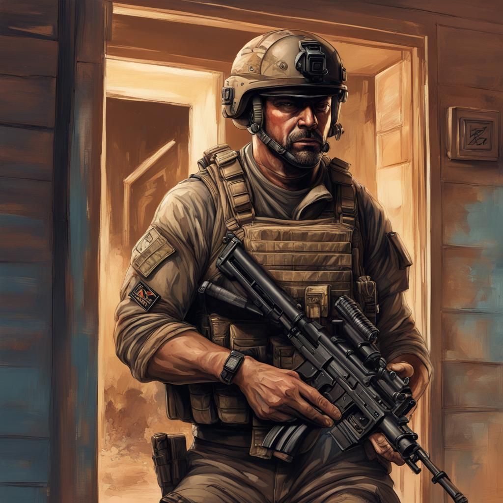 A Delta Force team, Sneaking into a house, in Iraq, at night, kited up ...