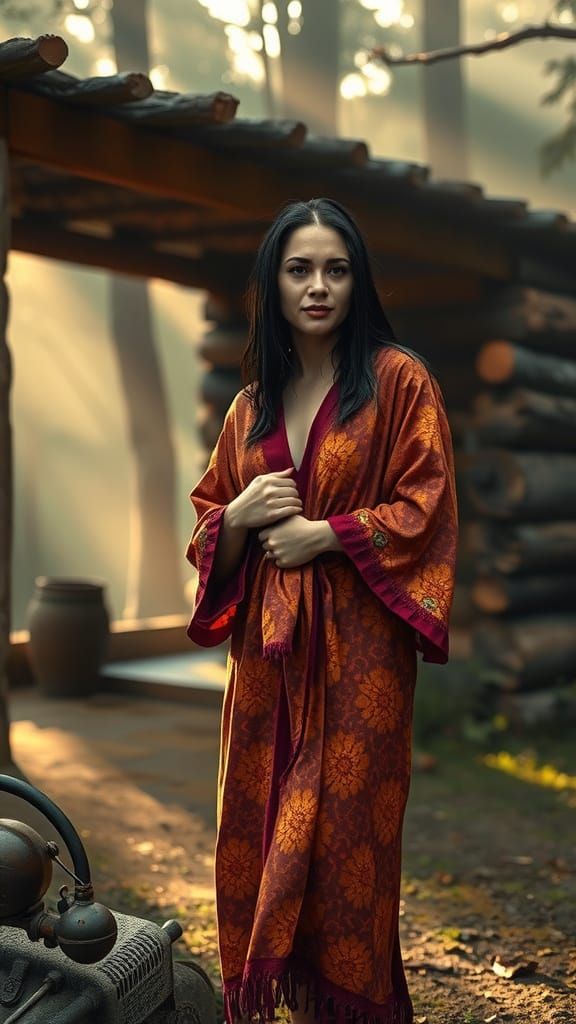 Mexican Woman in Vibrant Robe, Surrounded by Misty... - AI Art