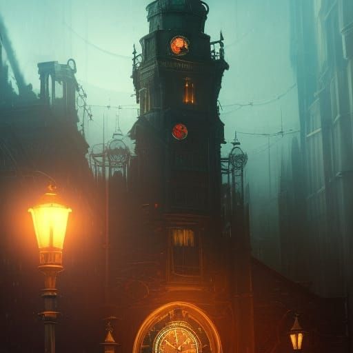 Grim dark fantasy steampunk city with a clocktower at night - AI Generated Artwork - NightCafe ...
