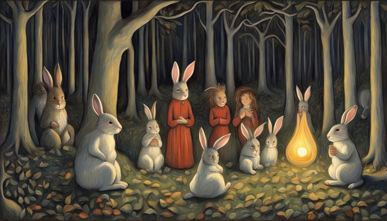 Rabbit talks to demons in the woods. A cave has a lantern inside. The ...