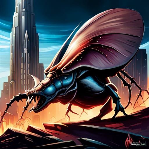 giant atlas beetle, alien carapace , spitting acid, cyberpunk city ...