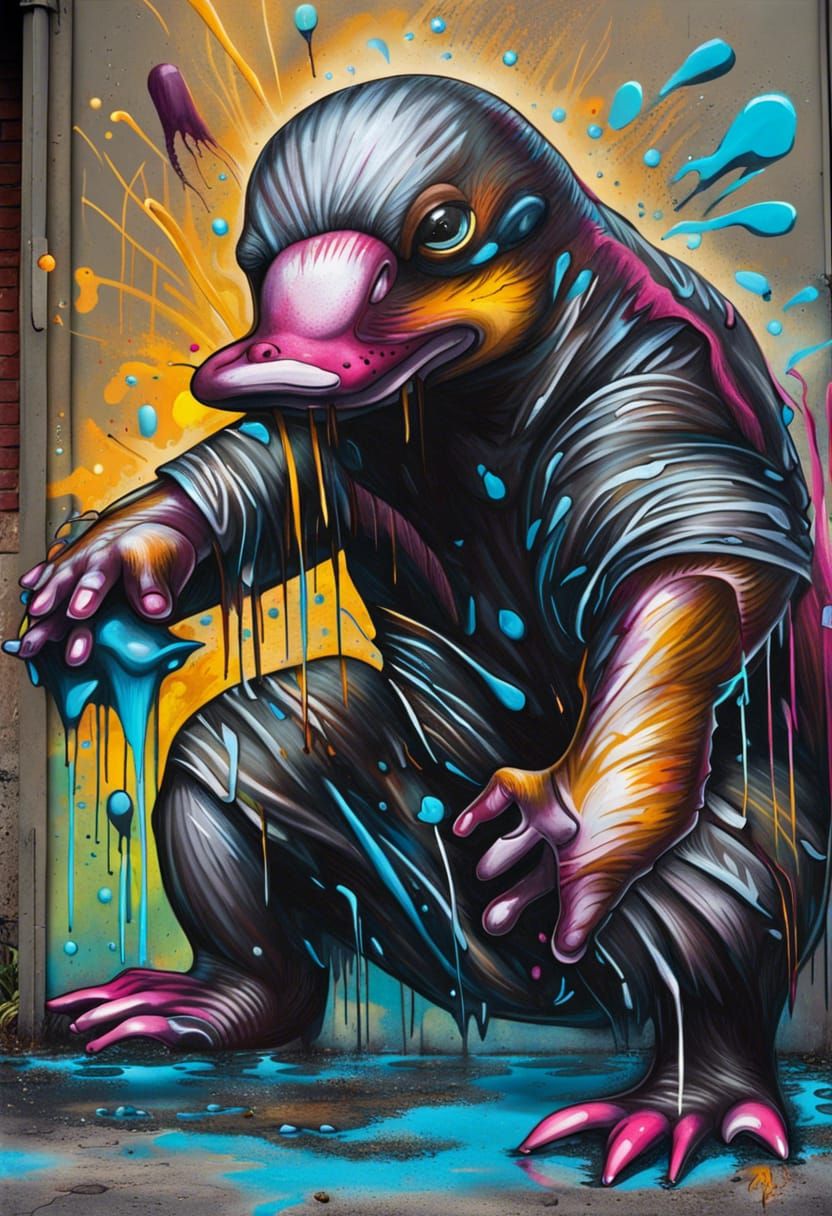 Platypus fighting graffiti art, splash art, street art, spray paint ...