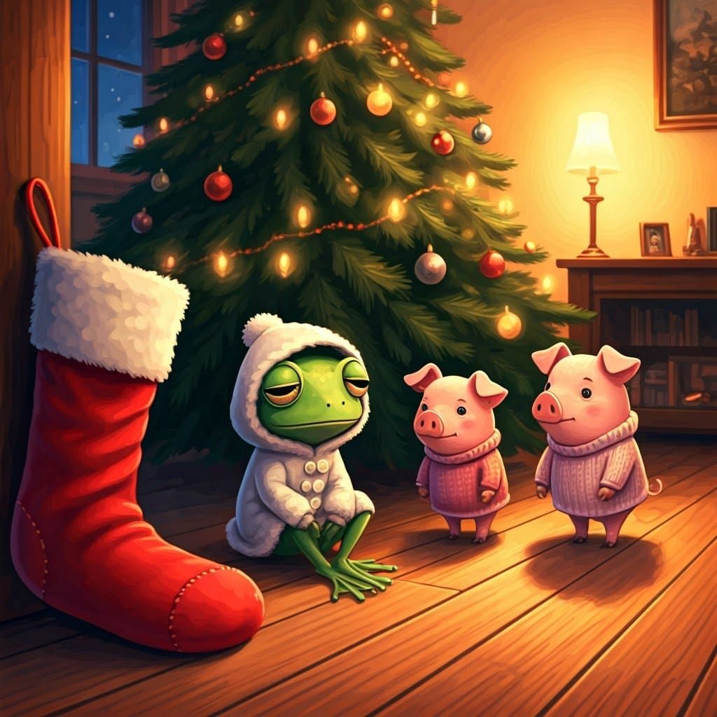 Piggy friends comfort a sad Froggy on Christmas
