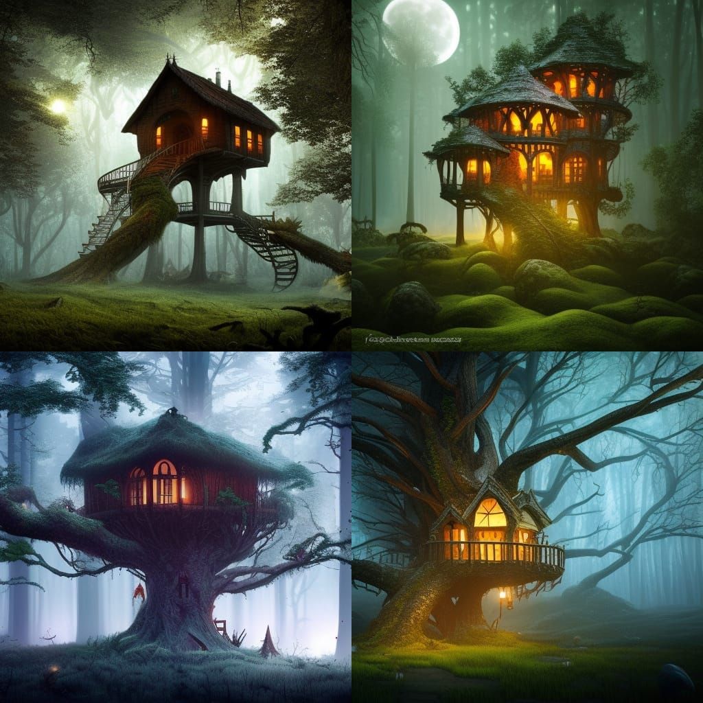 Majestic old haunted tree house, dark forest, moonlight, moss, Magic ...
