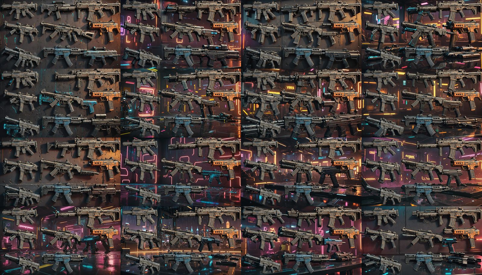 "Gun Art Wallpaper" - Surreal Cyberpunk Gun Showroom in a Ho...