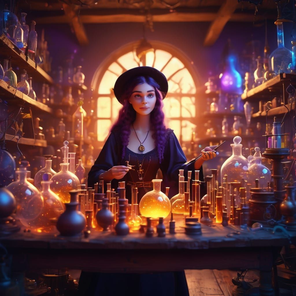 Cute alchemist witch in her ancient studio with test tubes and stills ...