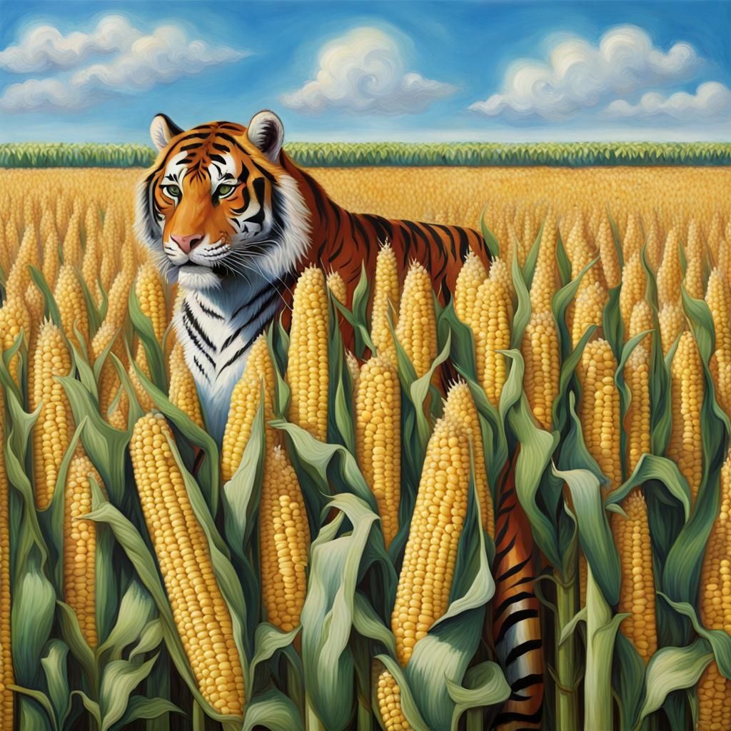 midday sun, large corn field, tiger, poking head out of corn, blue sky ...