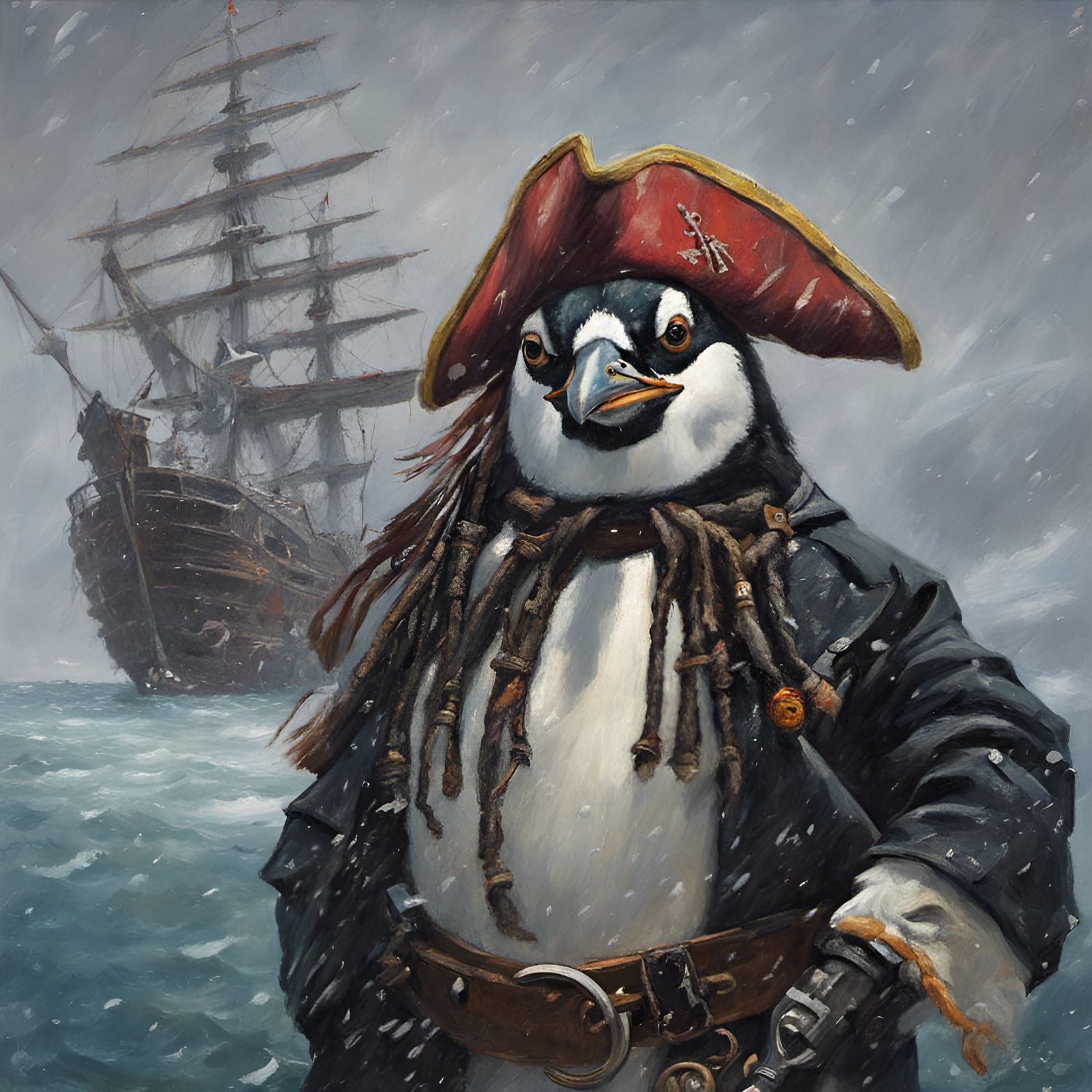 A penguin dressed as Captain Jack Sparrow, pirate, pirate ship, icy ...