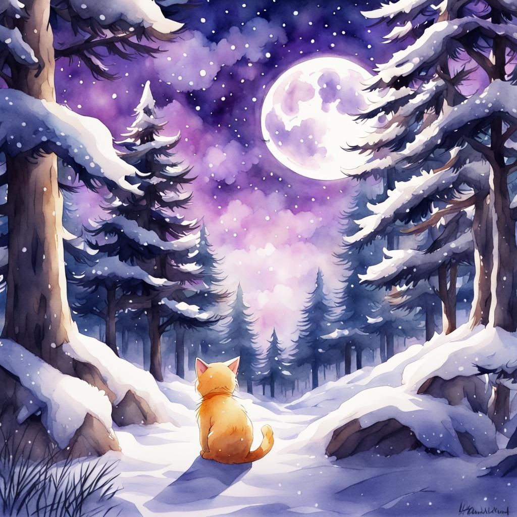 A cute anime cat under snowy pine trees watercolor painting under the ...