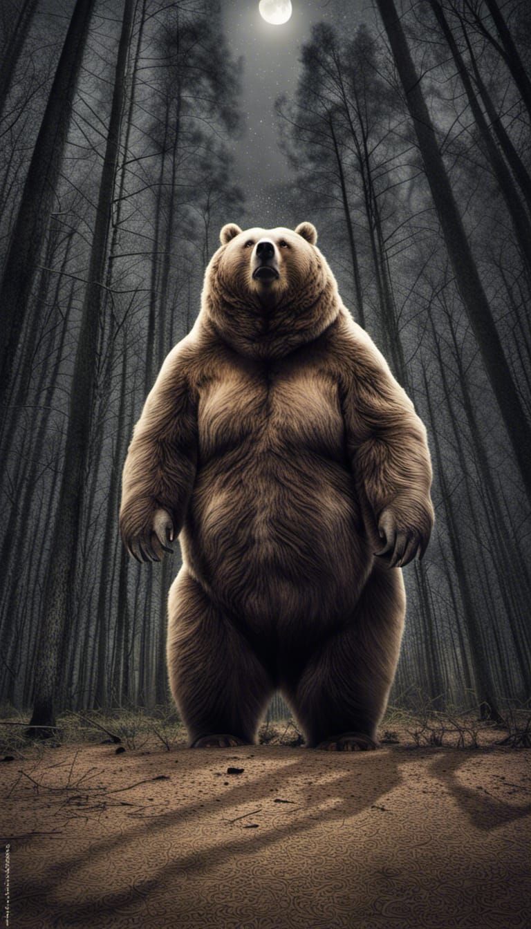 Photograph portrait of a terrifying giant obese Bear, standing in a ...