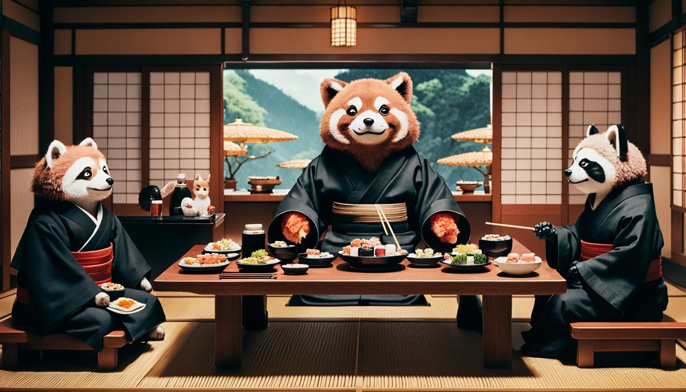 Tanuki Family lunchtime - AI Generated Artwork - NightCafe Creator