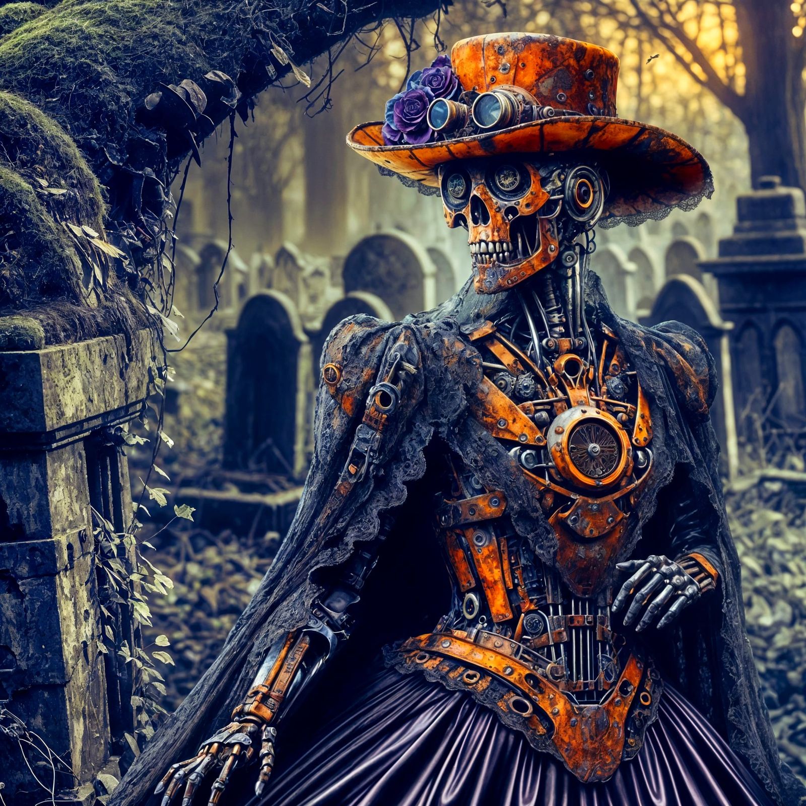 a rusted, corroded cyberpunk skeleton female in a large orange ...