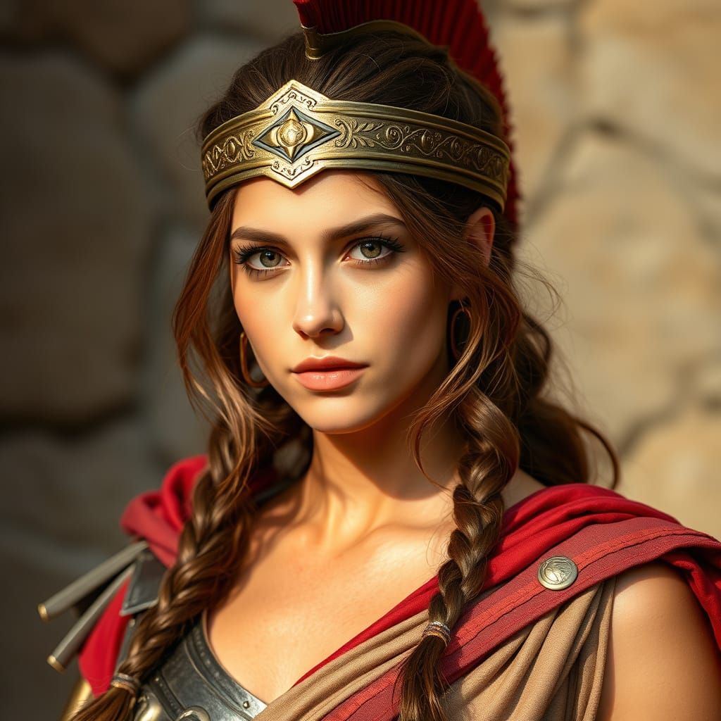 a Roman woman with brown hair and brown eyes dressed as a centurion ...