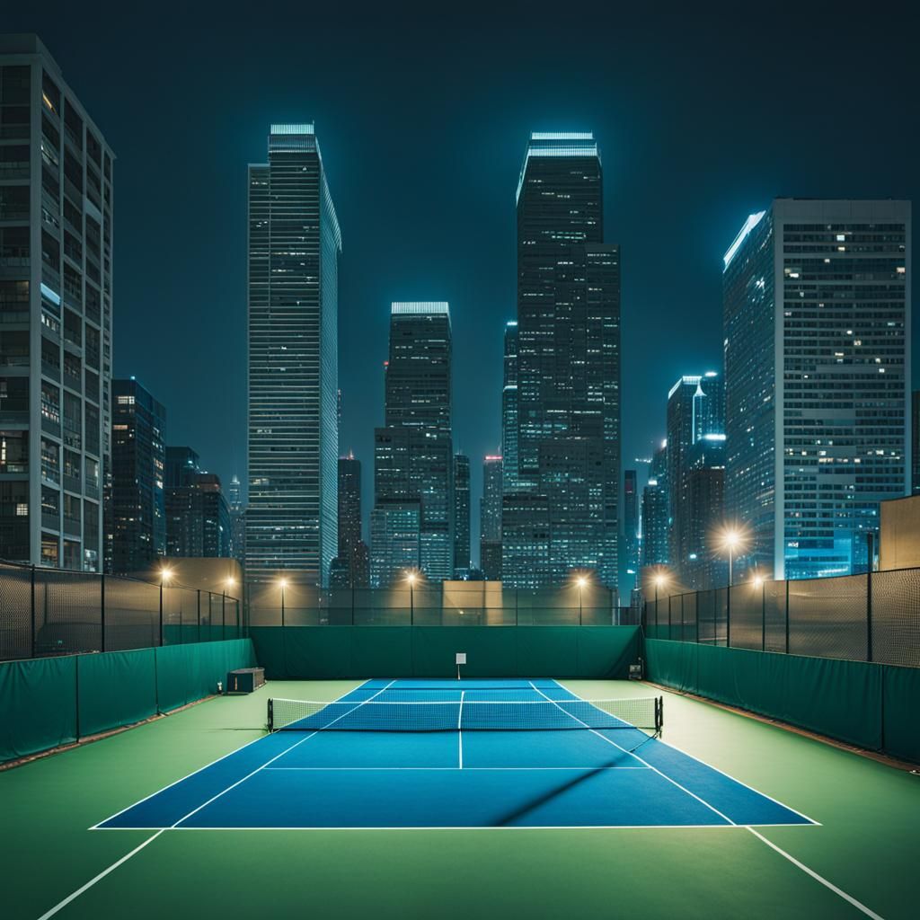 A tennis court surrounded by skyscrapers at night - AI Generated ...