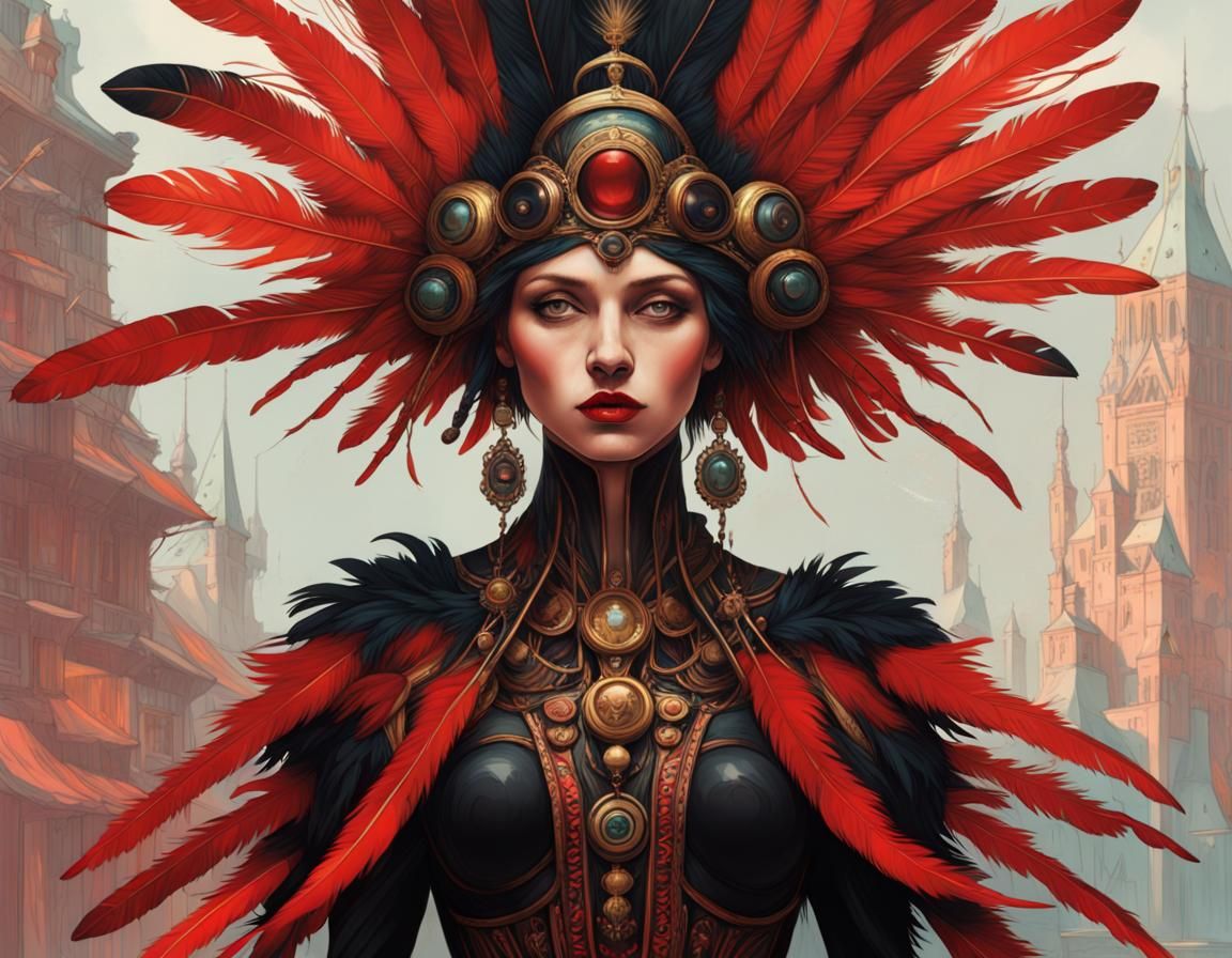 Red black gold feather pale goddess in magnificent gown of feathers ...