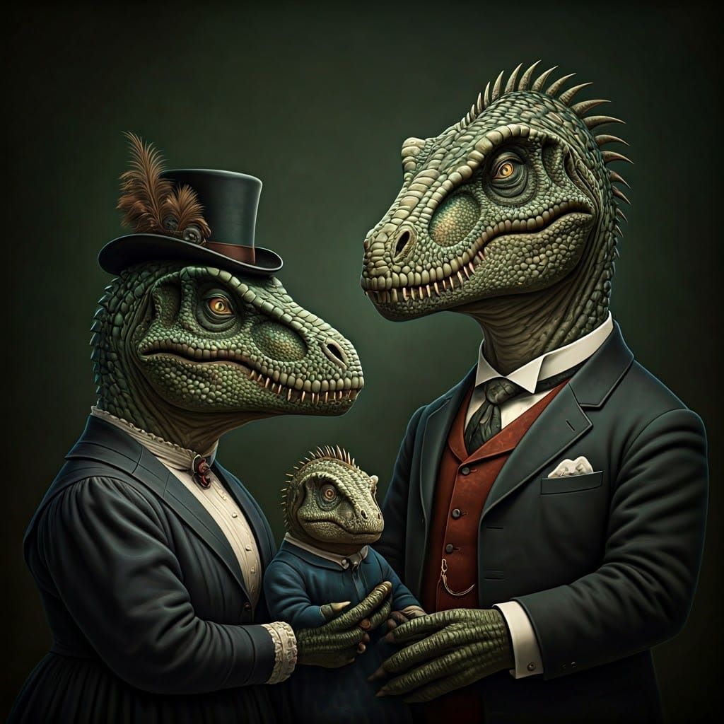 Dinosaur Family Portrait in Elegant Victorian Atti... - AI Art