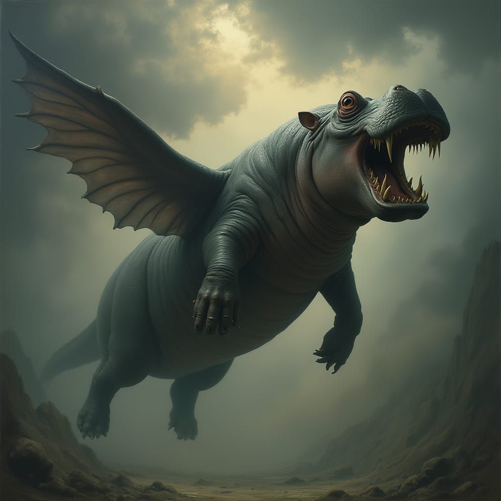 Flying Hippopotamus in Dark Surrealist Landscape - AI Art