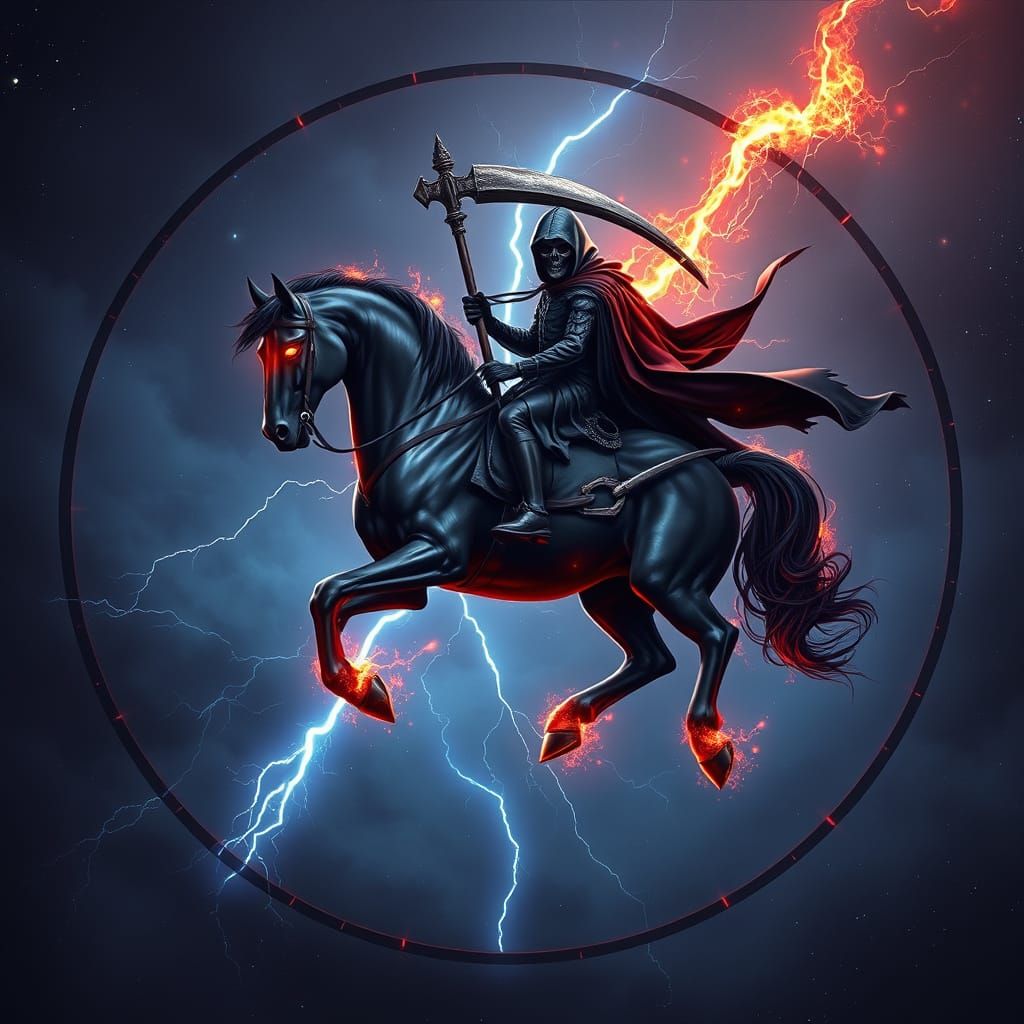 A circle, in the circle a highly detailed realistic Black horse with ...