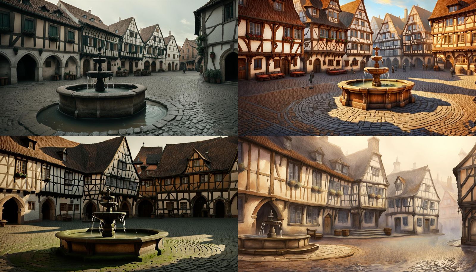 Medieval Town Square Scene with Half-Timbered Hous... - AI Art