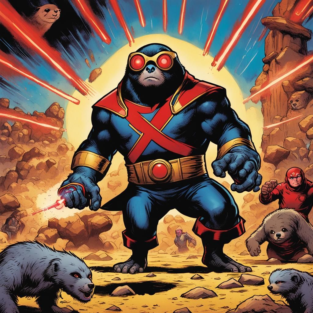 a mole dressed as Cyclops from Marvel X-Men who shoots laser beams from ...