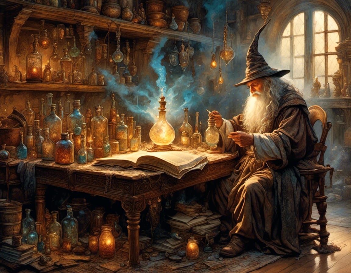 A wizard's study, potion jars and bottles all around, an old wizard ...