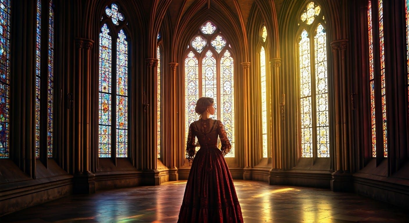 Bright Gothic Art Style, lots of colours, picture glass, Gothic windows ...