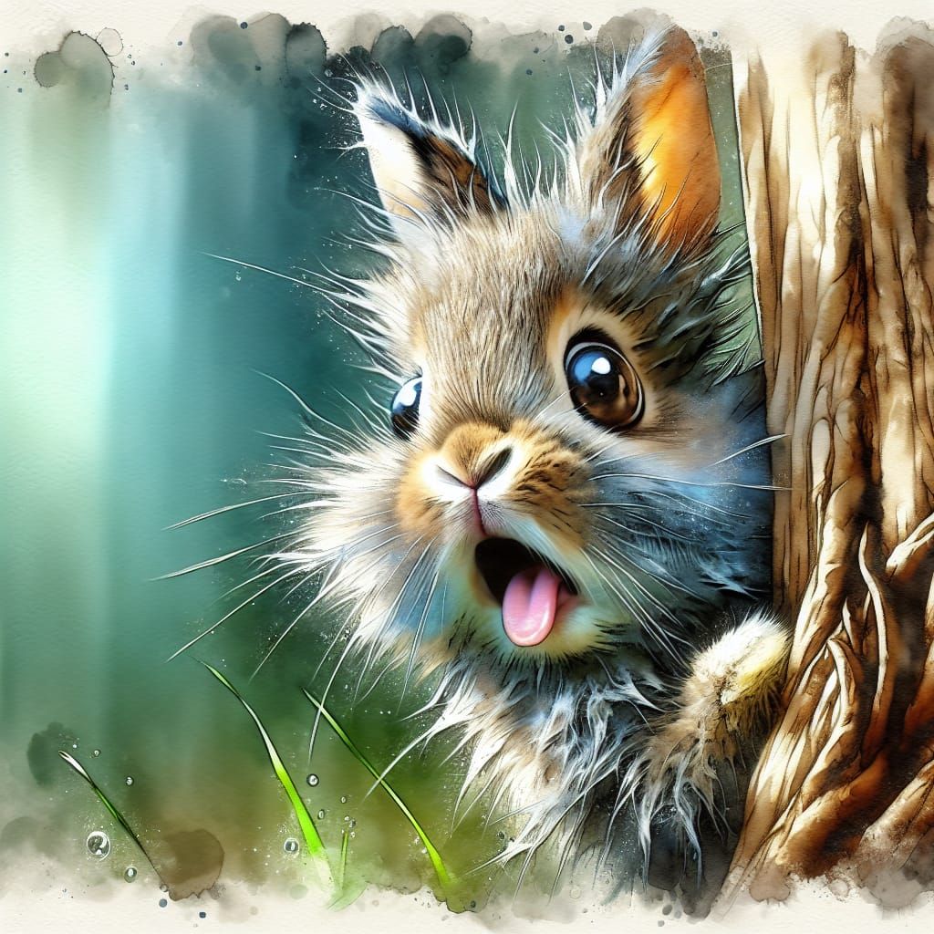 Bunny - Delicate Watercolor Bunny in Startled Repose