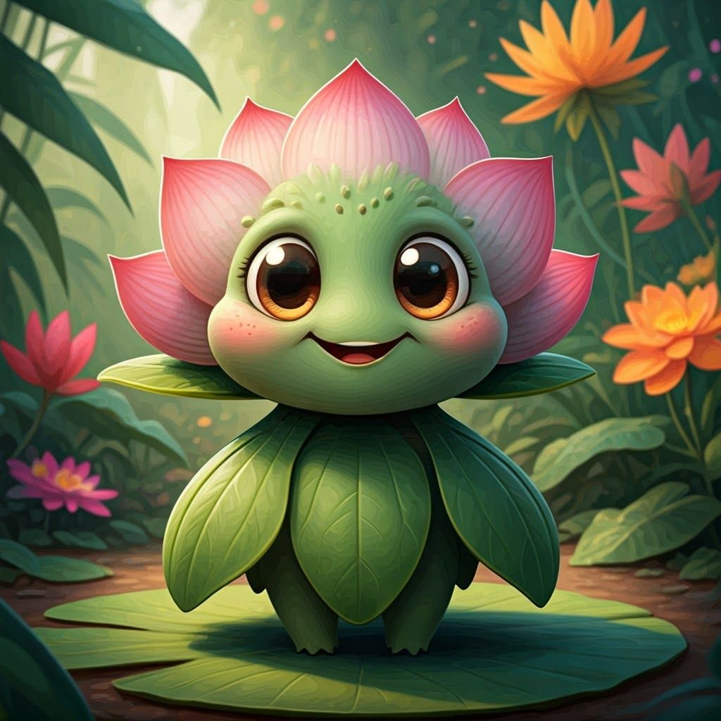 Whimsical Lotus Creature in Vibrant Watercolor Gar... - AI Art