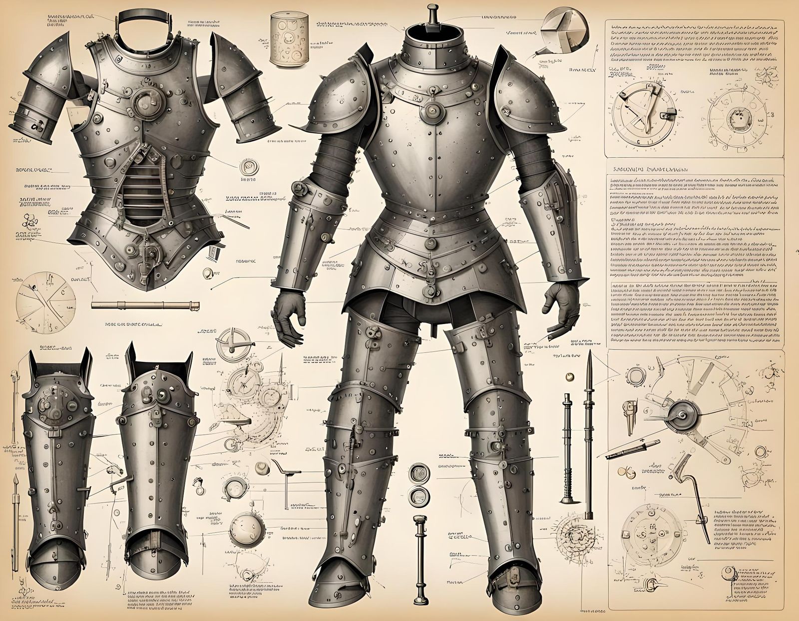 Exploded diagram of a clockwork suit of armor, illustration in an ...