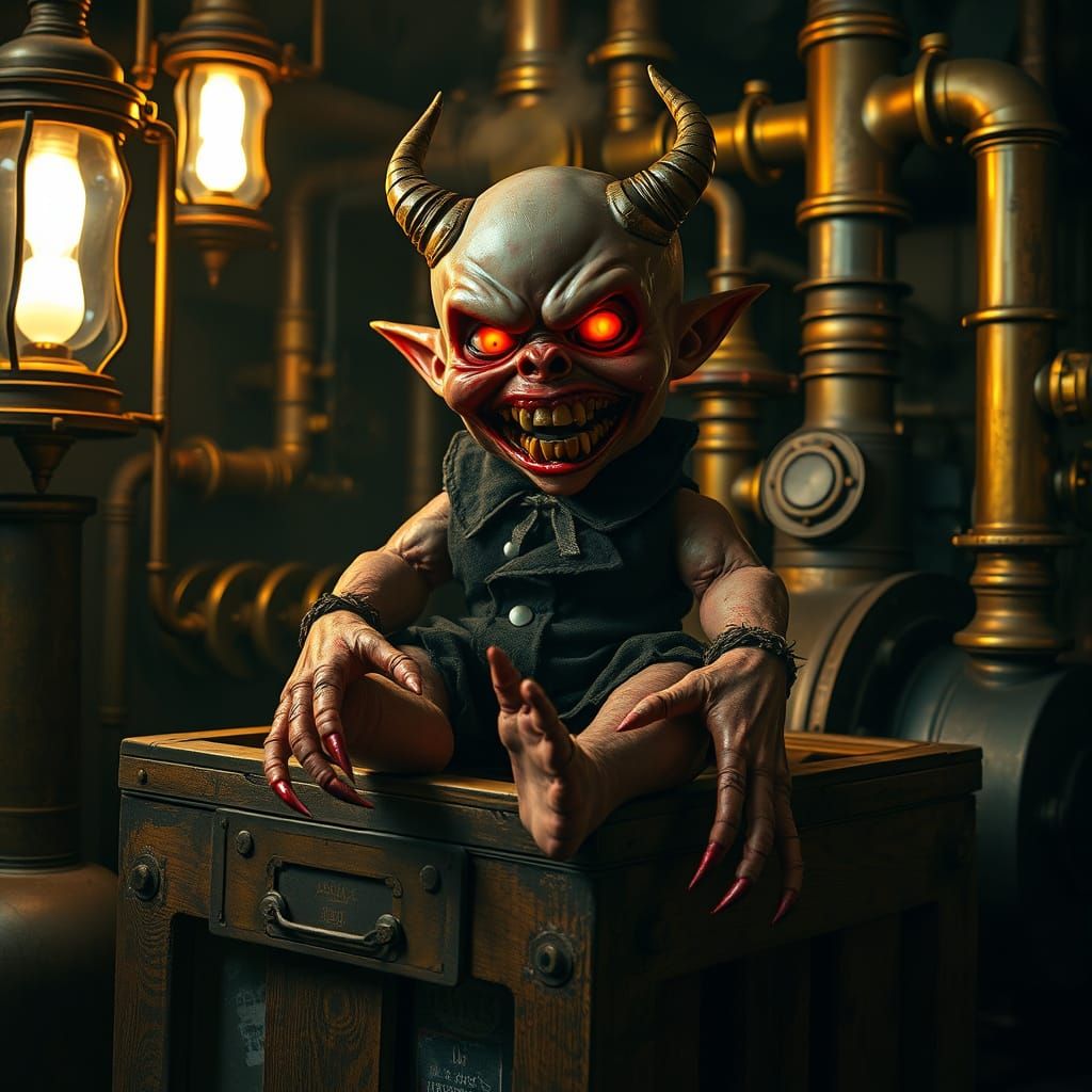 A photo of an evil, demonic haunted red doll with glowing red eyes and ...