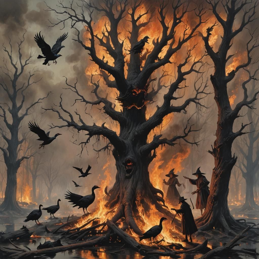 Ugly Witches and black goose tree on fire - AI Generated Artwork ...