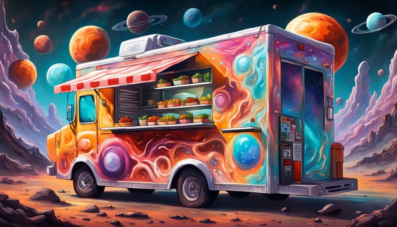 a futuristic looking food truck at the side of an interstellar highway ...