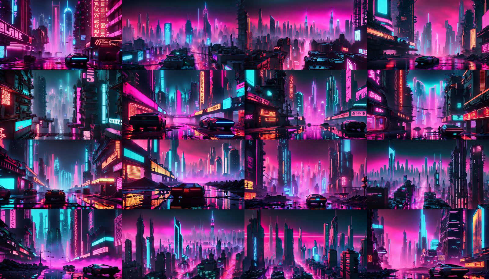 cityscape, skyline, dystopian derelict cyberpunk, decrepit neon city ...