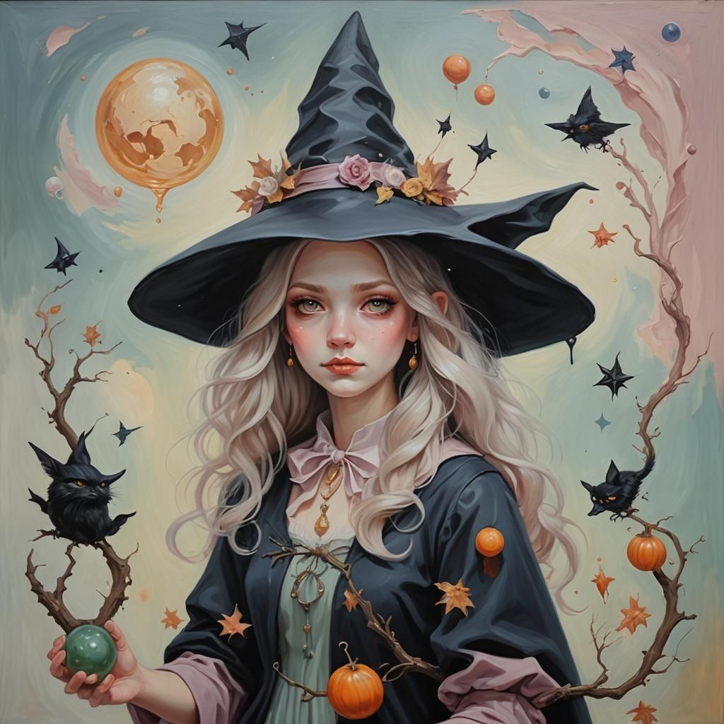 Eclectic Surrealist Fusion Cute Witch Realistic Oil Painting Soft ...