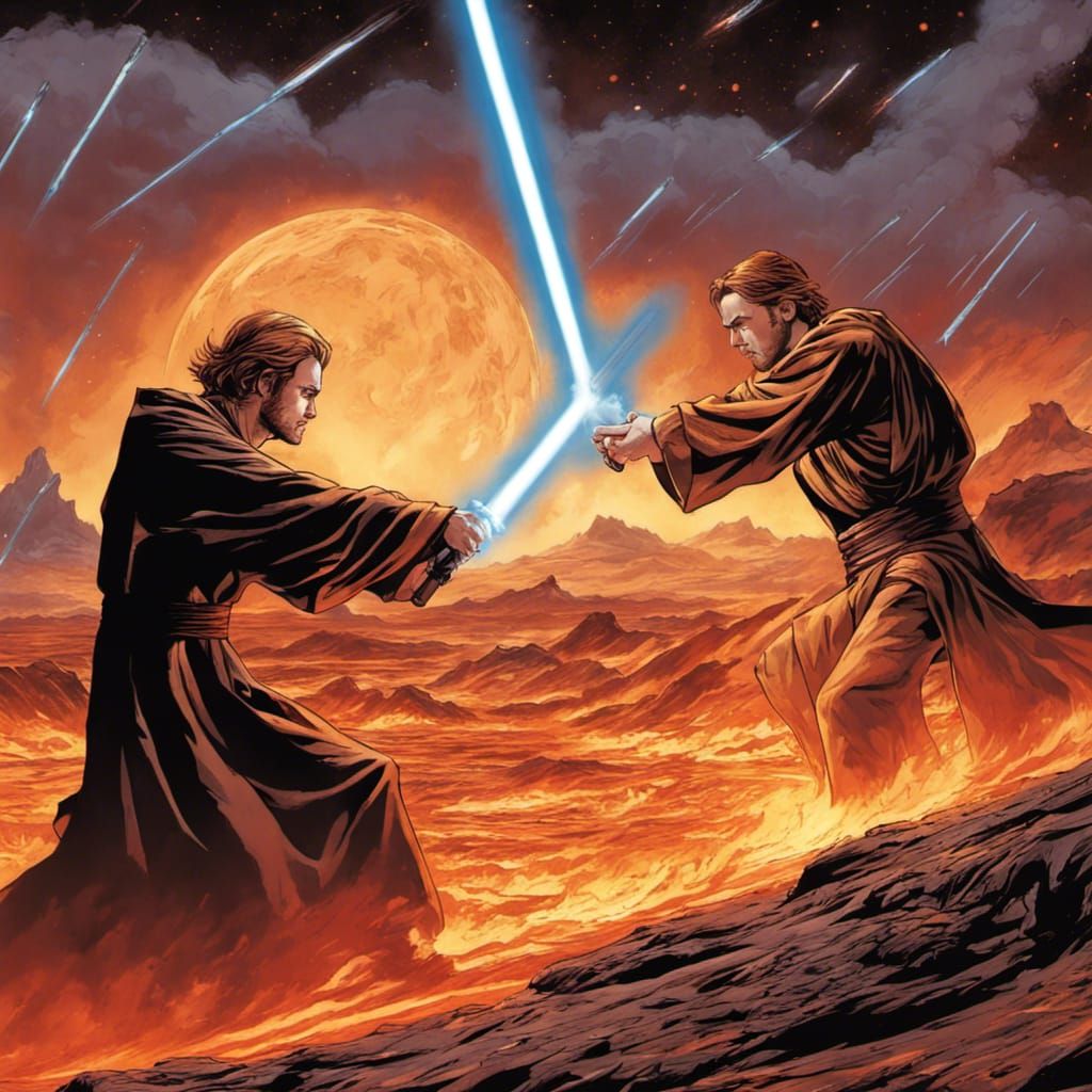Anakin Skywalker and Obi-wan Kenobi battling with light sabers on the ...