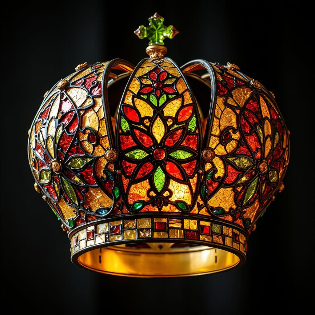 Majestic Stained Glass Crown in Vibrant Gold, Red,... - AI Art