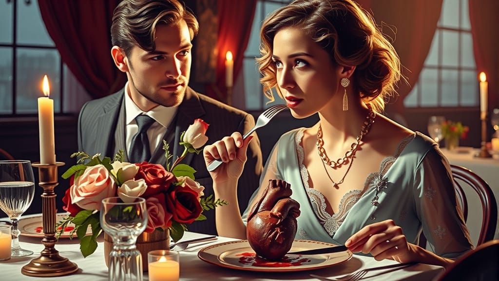 A scene in some very high class restaurant: a young couple well dressed ...