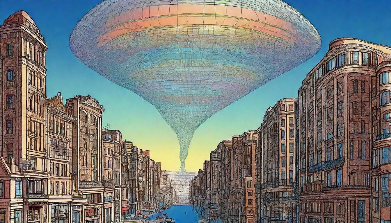 moebius eye in art deco city, infinite colors, strands of webs ...