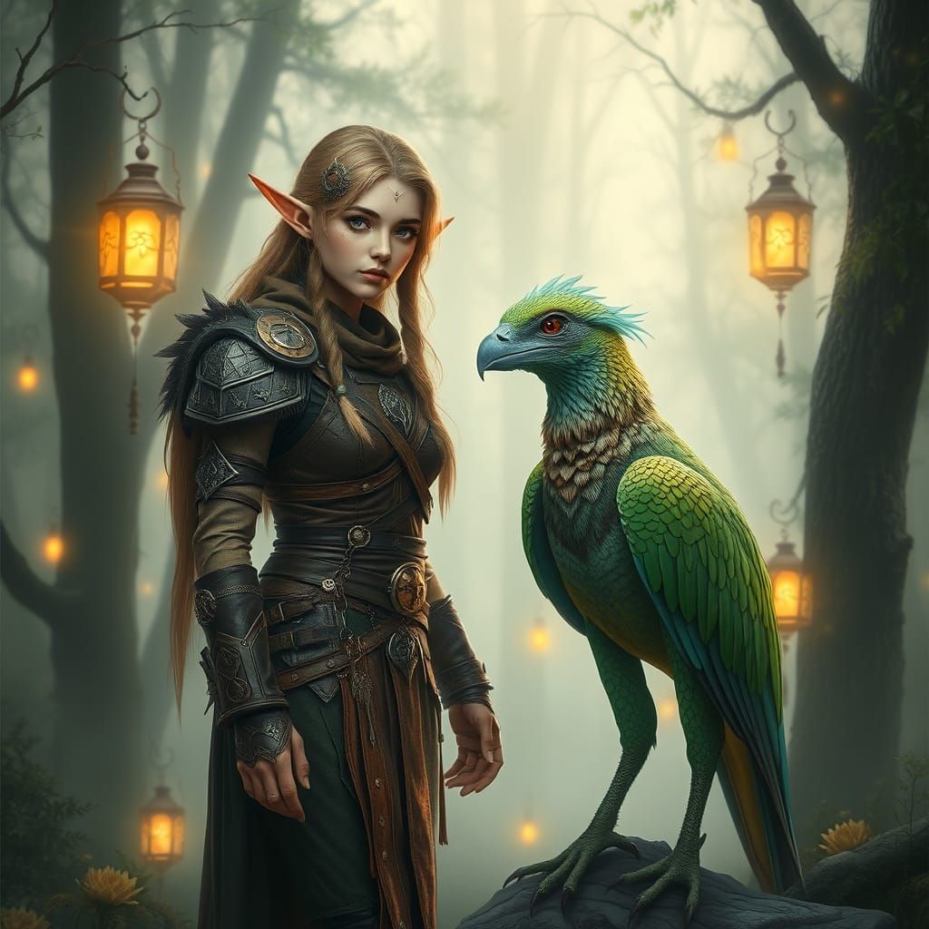 High Elf Rogue with Majestic Raptor Companion - AI Art