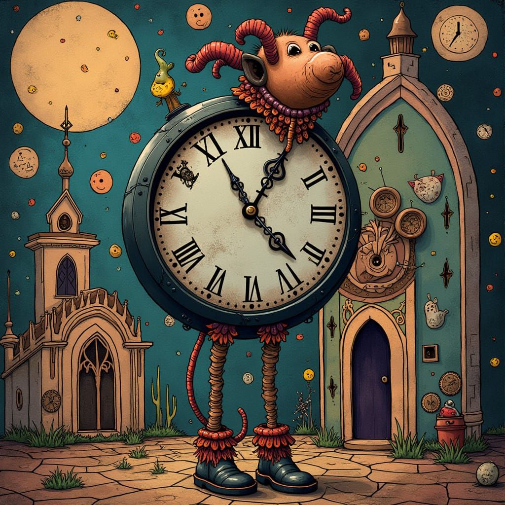 Surreal Demon Clock in Whimsical Pointillism Style - AI Art