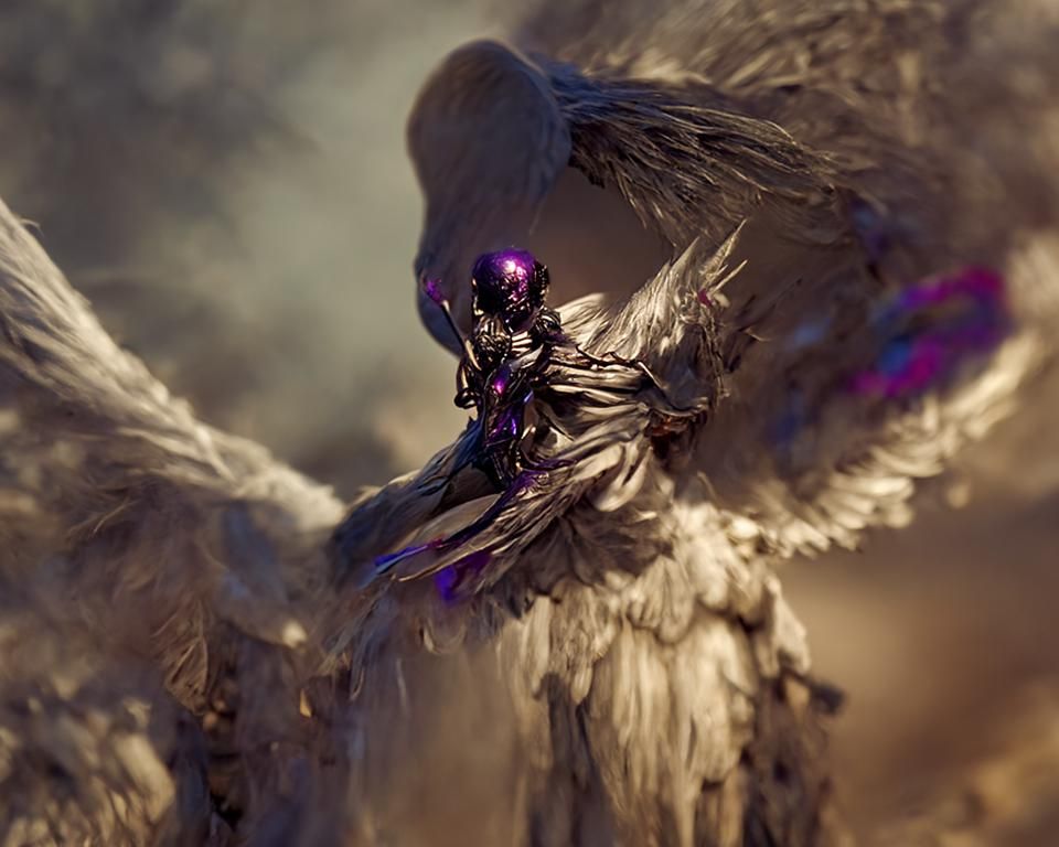 Ominous Ghostly white and purple luminous angel of fury standing ...