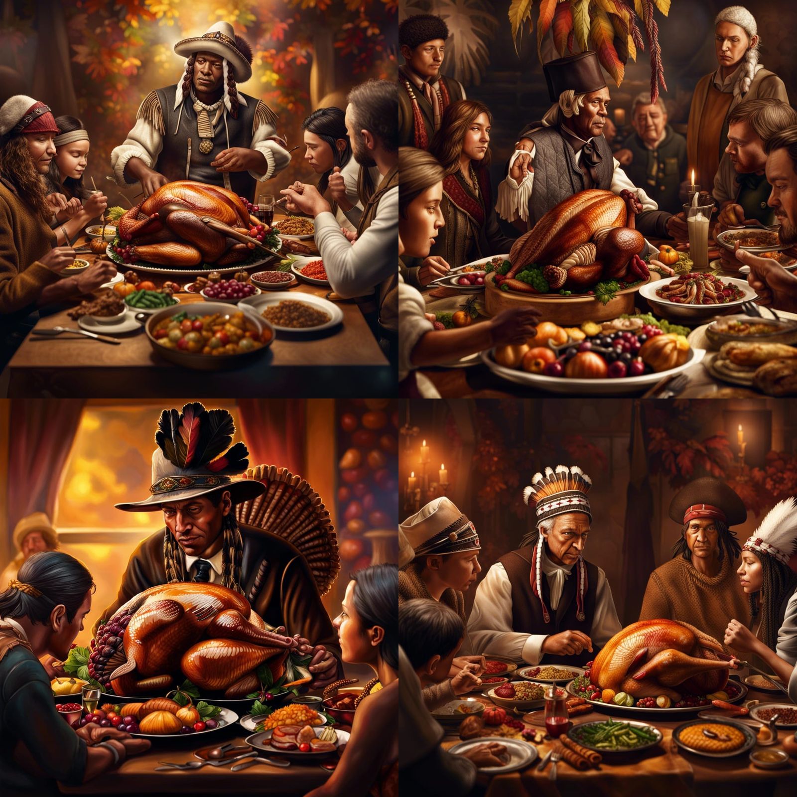 Thanksgiving dinner withe Pilgrim, Indians sitting at a table with ...