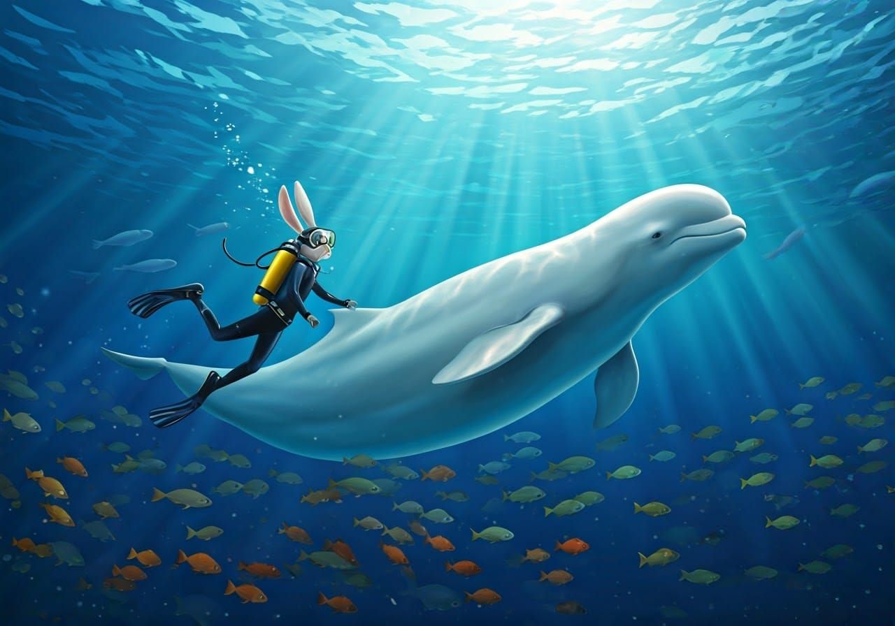 A rabbit in scuba gear swims in the ocean alongside a Beluga whale.