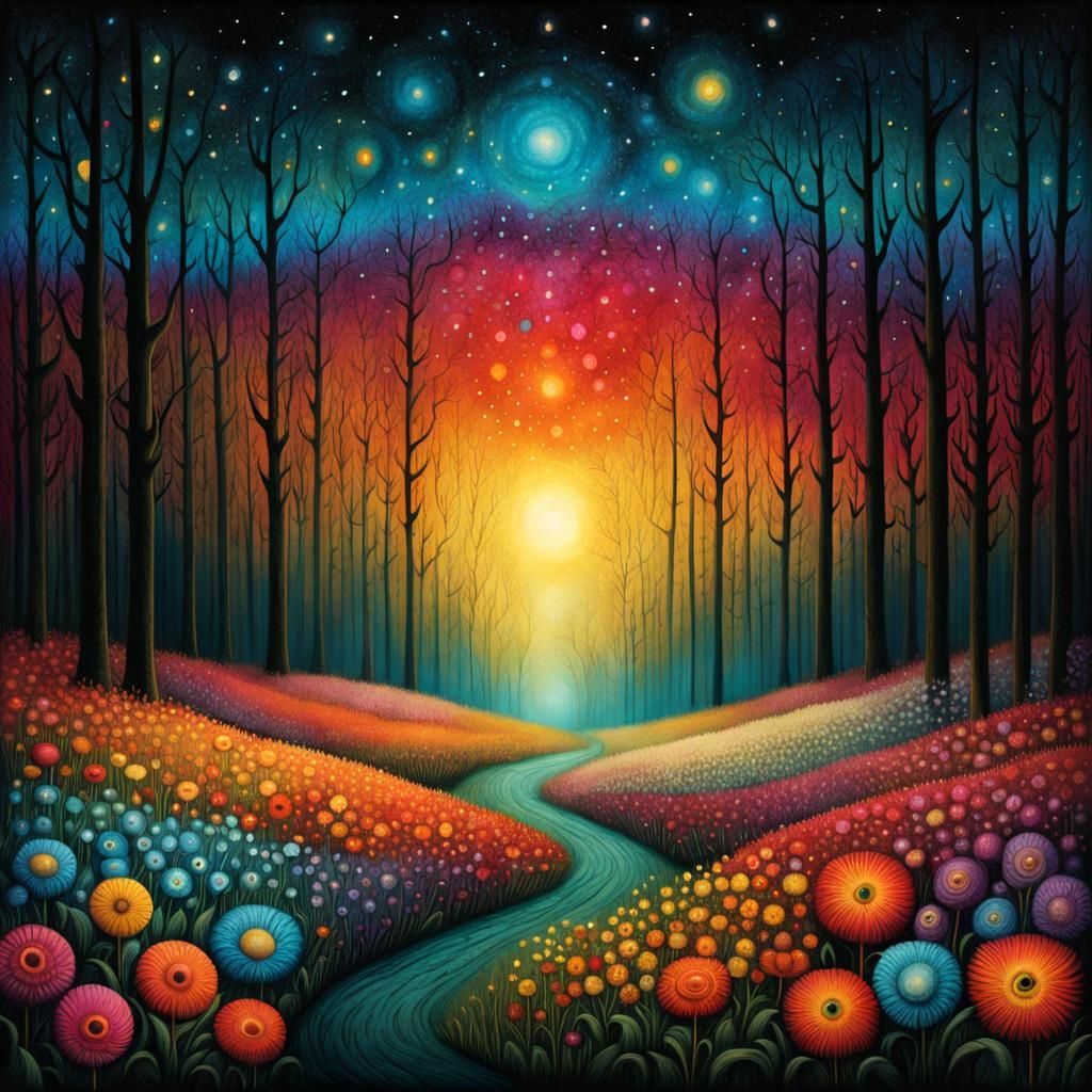 bright flower field in Eldritch forest, illustration, Andy Kehoe - AI ...