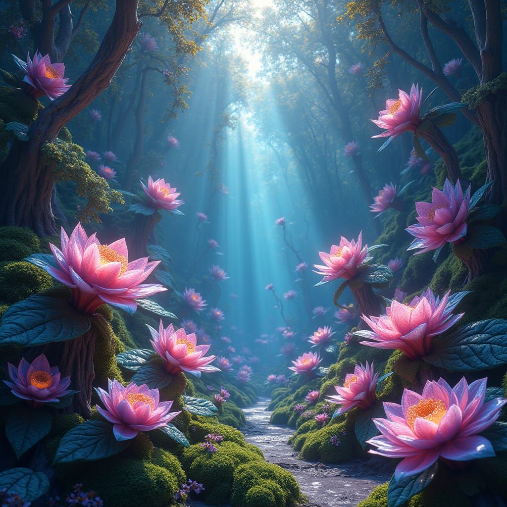 Imagine a hidden garden where plants are made of fractals and geometric ...