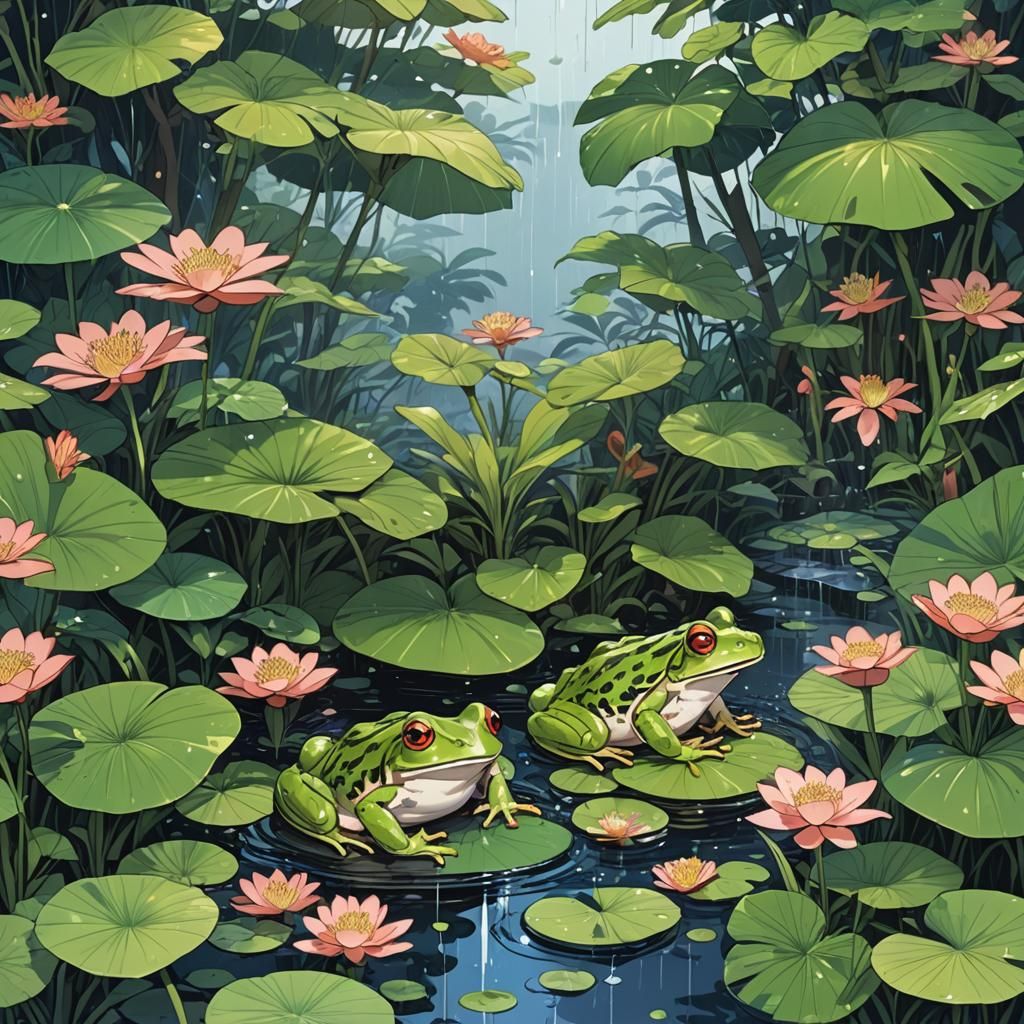fine-detailed, peaceful rain, frogs, leaves, relaxing vibes - AI ...